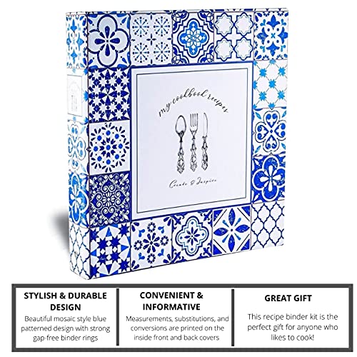 Cookbook Recipe Binder/Organizer, Blue Pattern 3-Ring Binder to Hold All Your Recipes and Recipe Cards, 6 Tabbed Divider Sections, 50 Matching Recipe Cards Included