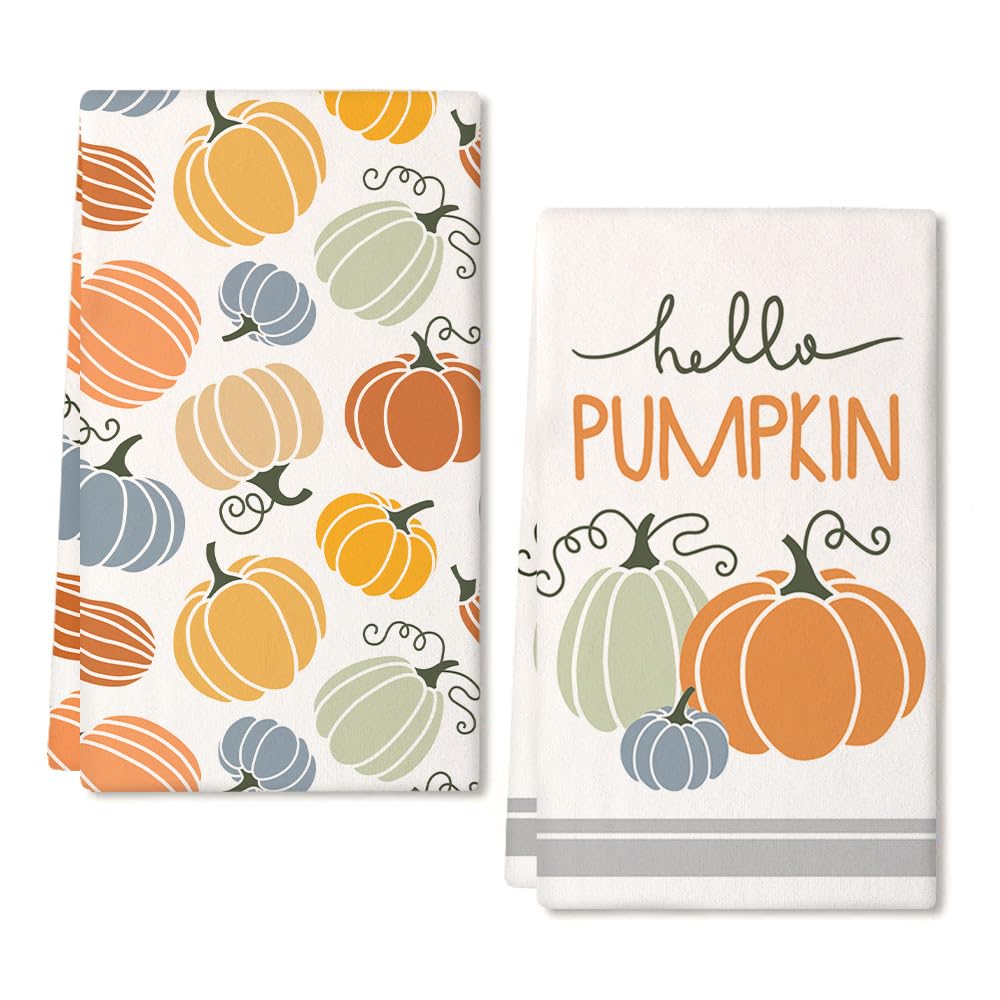 ARKENY Fall Kitchen Towels for Fall Decor, Hello Pumpkin Orange Autumn Dish Towels 18x26 Inch Set of 2,Farmhouse Home Thanksgiving Harvest Vintage Decorations AD362