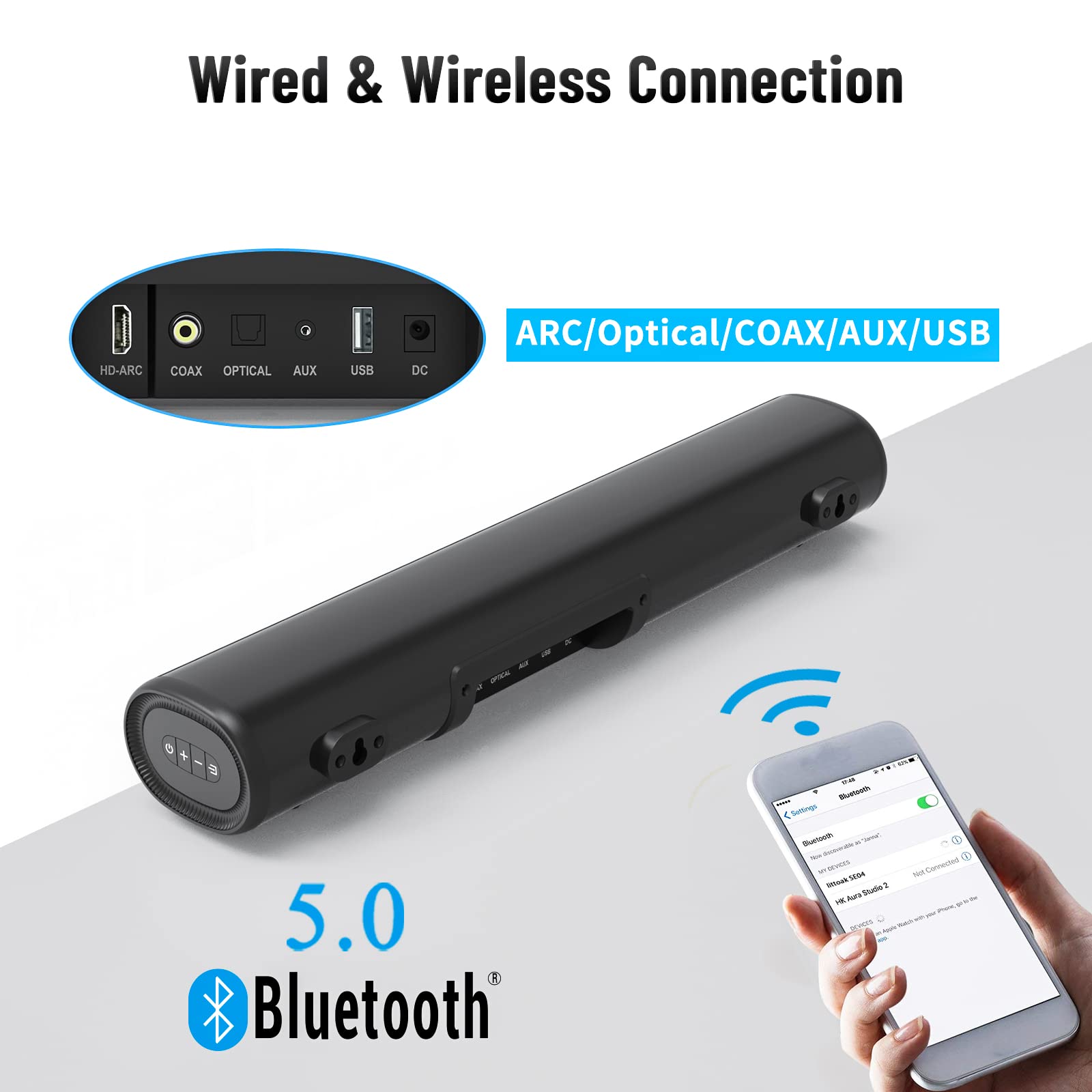 littoak Small Sound Bar for TV, Soundbar with Bluetooth 5.0/HDMI/Optical/USB/AUX/Coax Connection, 50 Watt 16 Inch Soundbars for Home Theater, Wall Mountable (SE04)