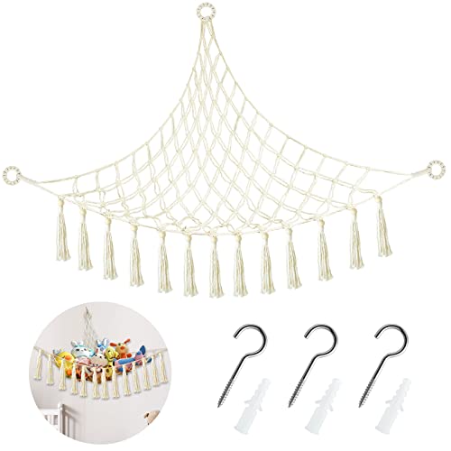 Morcheiong Stuffed Animals Net or Hammock, Large Stuffed Animals Storage with Hooks Tassel, Cotton Net for Stuffed Animals Corner