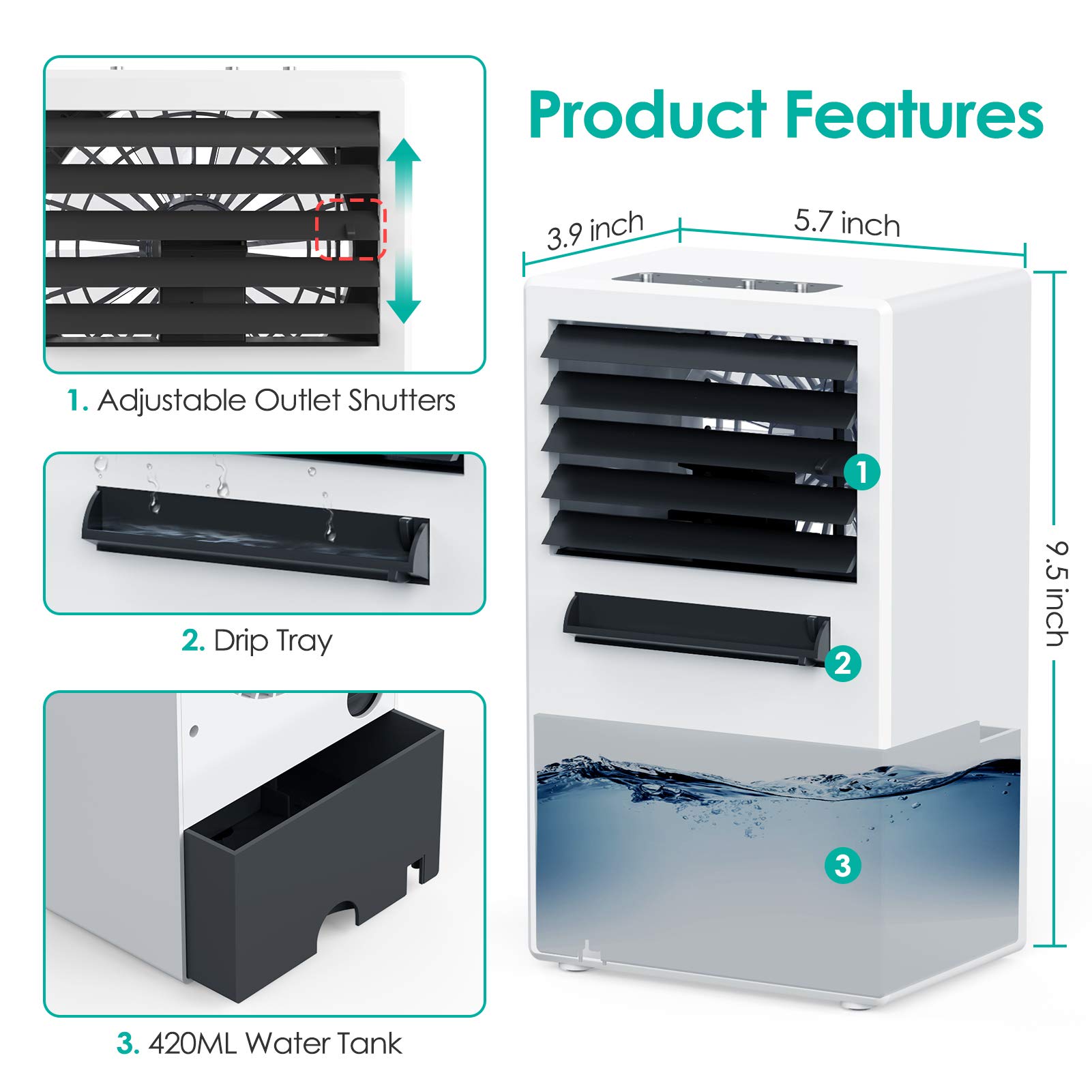 Portable Air Conditioner Fan, Personal Small Space Evaporative Air Cooler with 3 Speed Mode Fan Desktop AC, Ultra-Quiet Small Desk Table Fan with Humidification for Home Office Bedroom