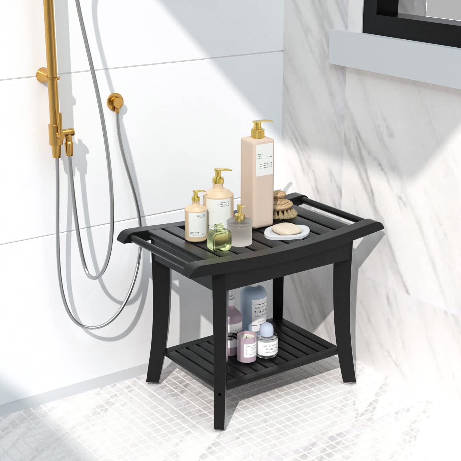 Bamboo Shower Stool Bench Waterproof with Storage Shelf for Shaving Legs or Spa Bath Seat in Bathroom & Inside Shower for Adults Seniors Elderly (24 x 13.4 x 18.5 inches+Black)