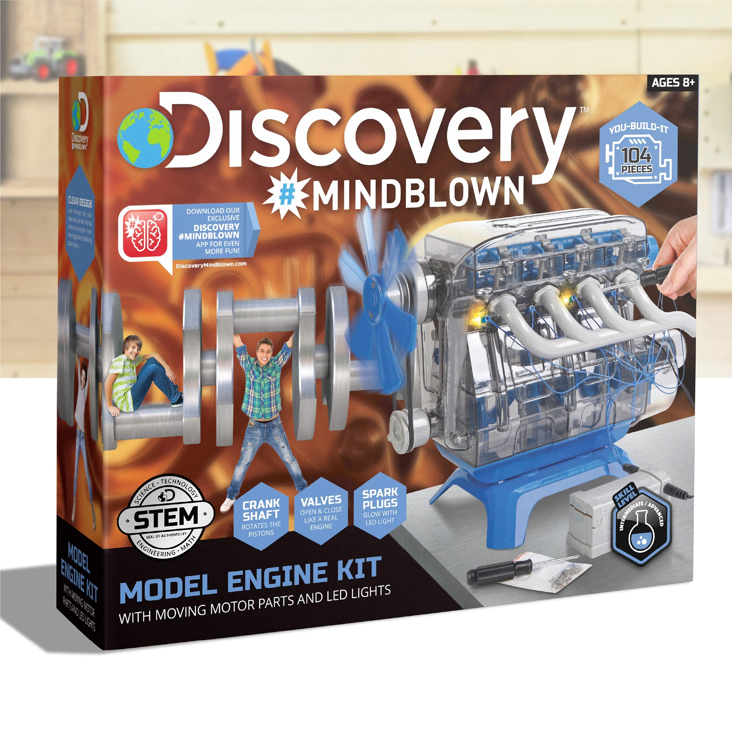 Discovery #MINDBLOWN Model Engine Building Kit, DIY 4-Cylinder Combustion Engine, Working Pistons Fan Valves Belts LED Lights, STEM Mechanic Engineering Construction Experiment Set, Kids & Adults Gift