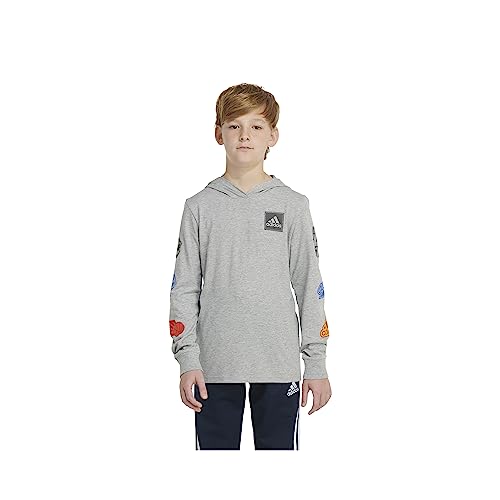 adidas Boys' Long Sleeve Cotton BoS Logo Hooded T-Shirt, Medium Grey Heather, Large (14/16)