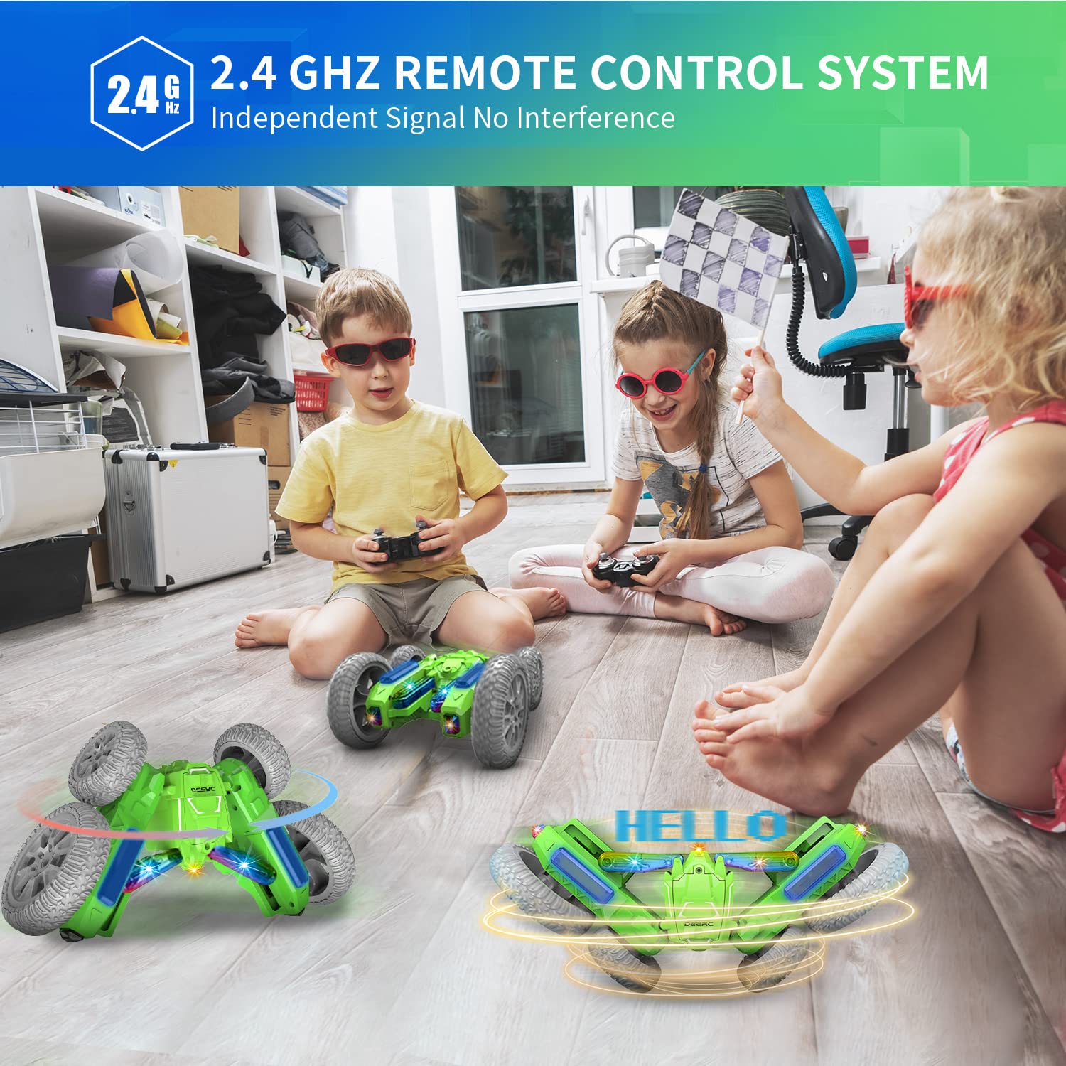 DEERC RC Stunt Car W/Flashing Lights,360 Degrees Tumbling & Rotating W/Novelty Luminous Words,4WD Drift High Speed RC Car,2 Sided Remote Control Car for Boys, 2.4G Crawler Toy Gifts for Kids