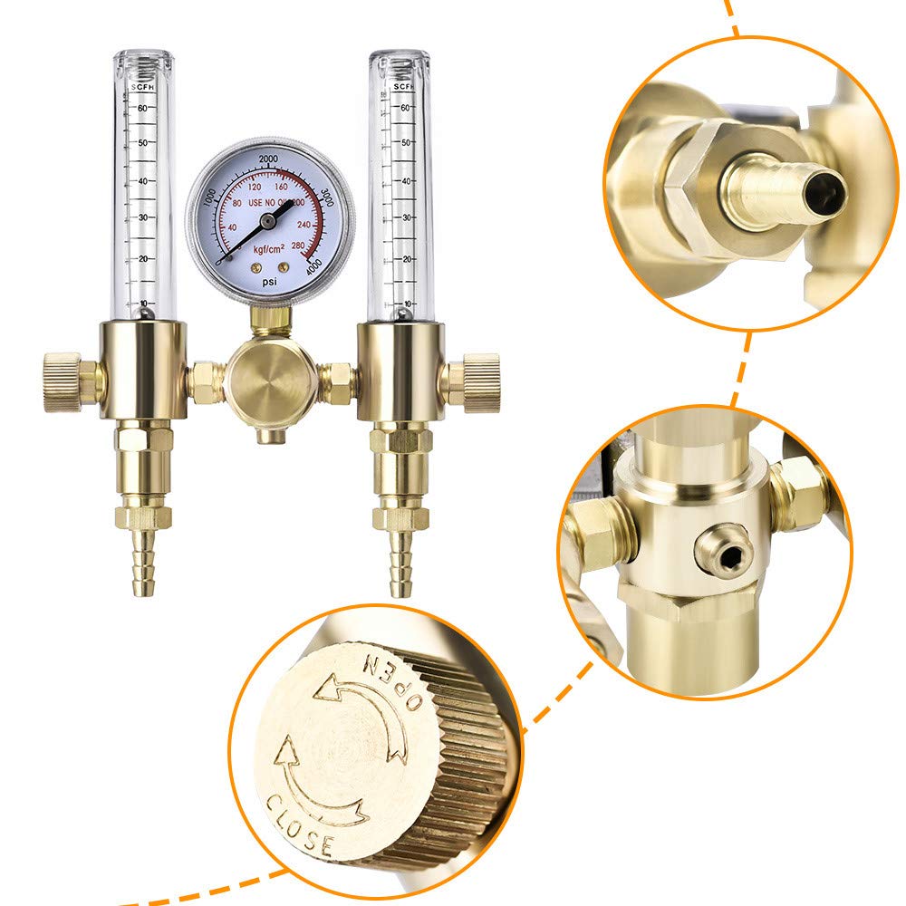 EZYOU Dual Output Argon MIG TIG Flow Meter & Regulator 0-60CFH CGA580 Inlet 5/"8 UNF-18RH Outlet
