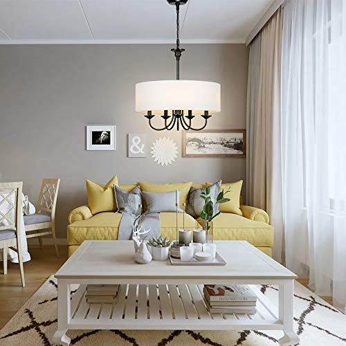 T&A Traditional 5-Light Chandelier with White Linen Drum Shade,20" Simple Chain Pendant Light Lights for Foyer Dining Room Living Room