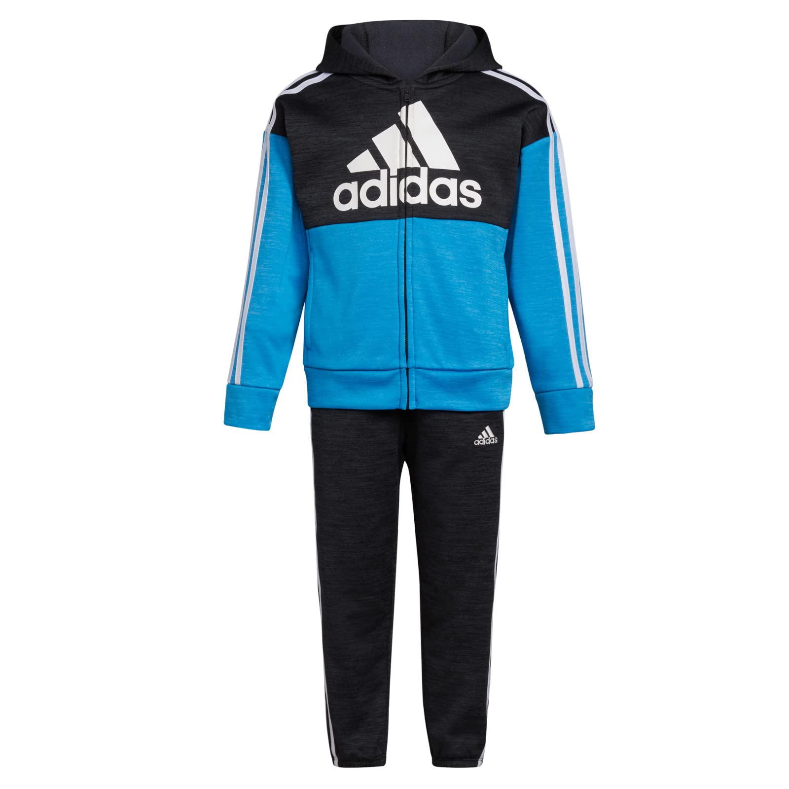 adidas Boys' Long Sleeve Color Block Mélange Fleece Jacket Set, Black Heather with Blue, 7
