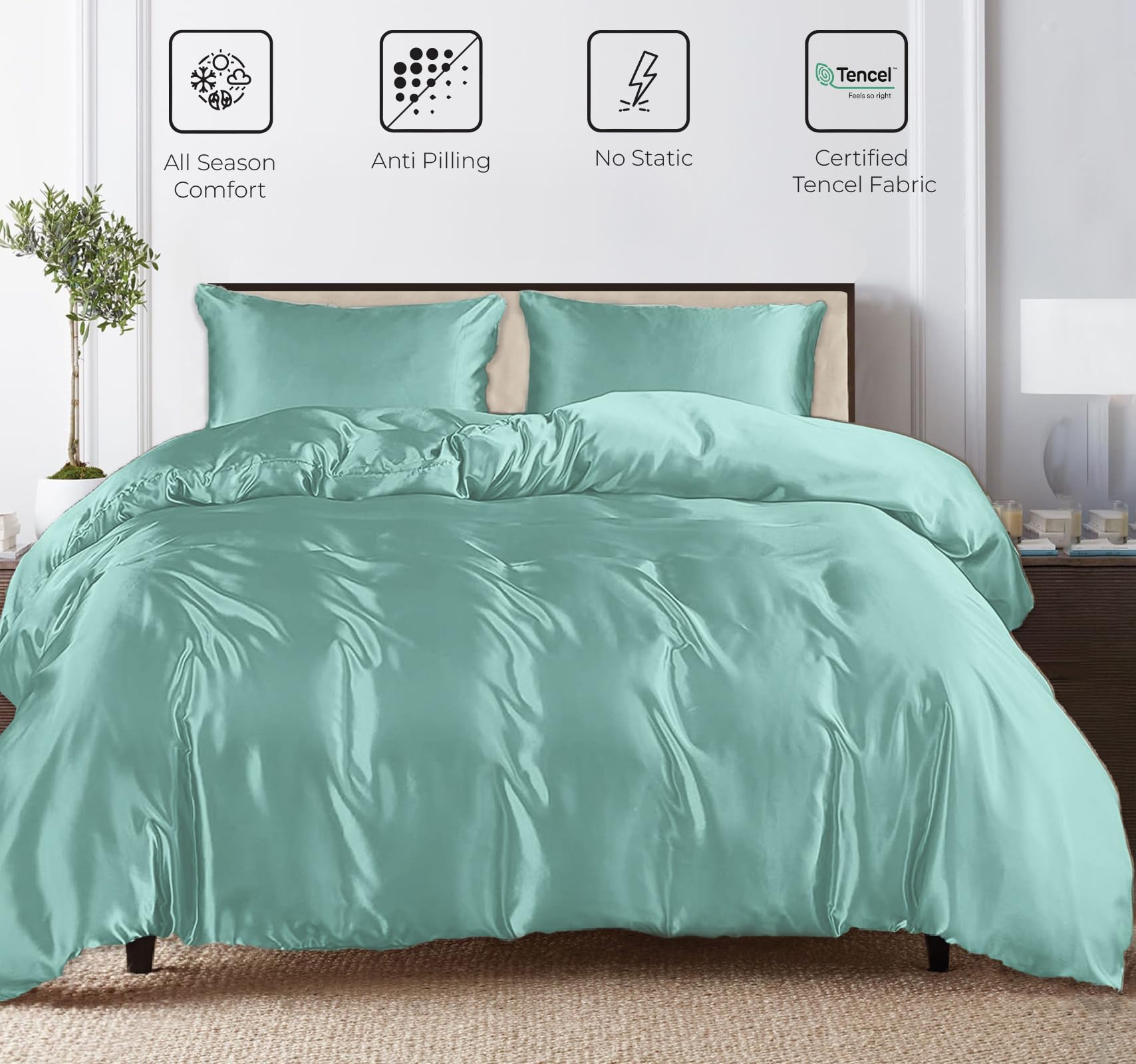 Linenwalas Tencel Lyocell Duvet Cover Set with Deep Pocket Fitted Sheet, Viscose Made from Eucalyptus Soft, Lightweight and Breathable Complete Bedding Set (Avocado Green, California King)