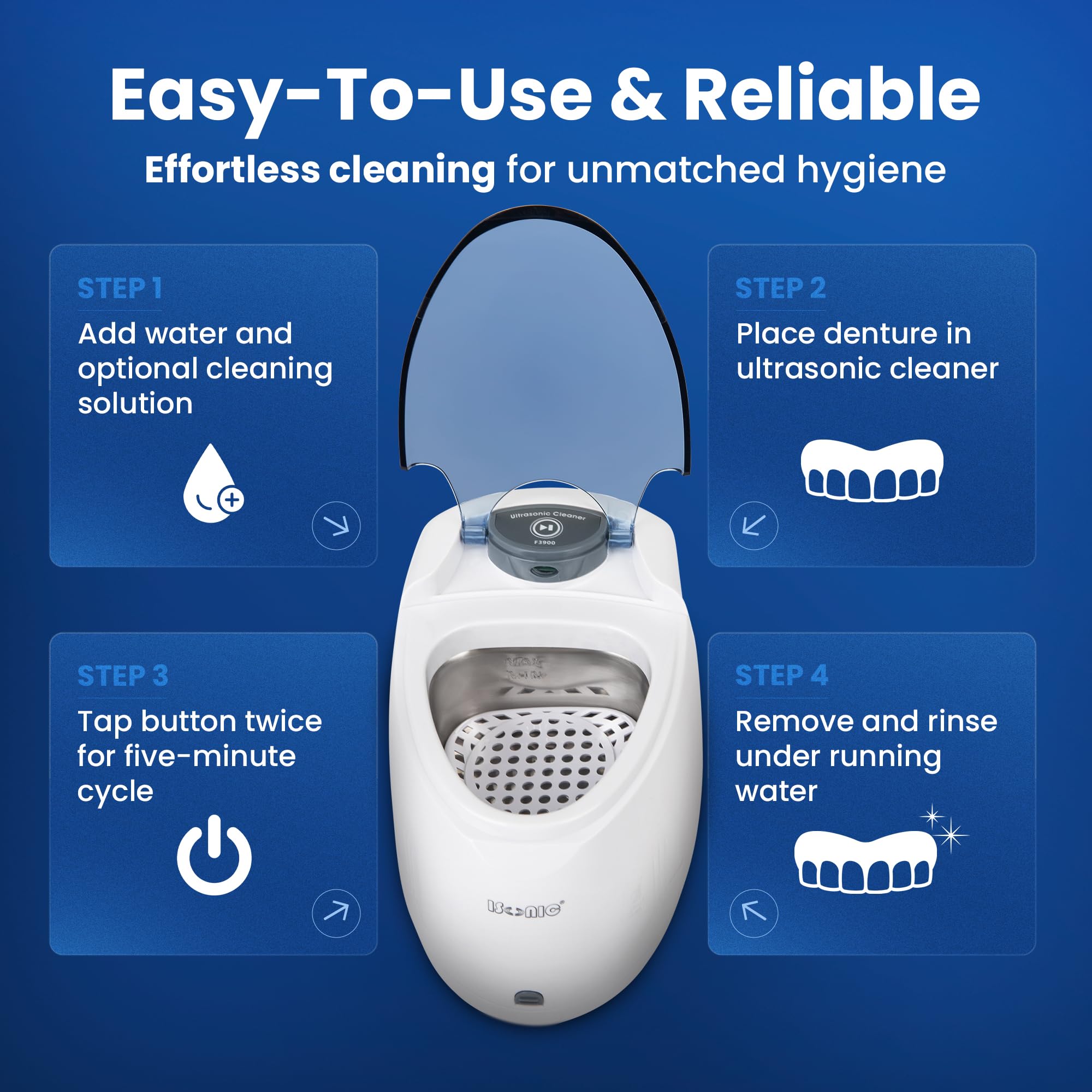 iSonic F3900 Ultrasonic Denture/Aligner/Retainer Cleaner for all dental and sleep apnea appliances, 110V 20W (tank no longer removable) , White , 0.4Pt/0.2L