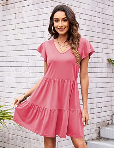 HOTOUCH Womens Summer Casual with Smocked Sexy V Neck A Line Swing Mini Dress Watermelon Pink, Medium