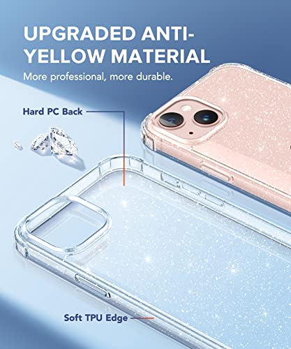 BERFY 5 in 1 for iPhone 13 Case Glitter, with 2X Screen Protector + 2X Camera Protector, [Not Yellowing] Sparkly Bling Shockproof Hard Back Slim Protective Phone Cover for Women, 6.1" (Glitter Clear)