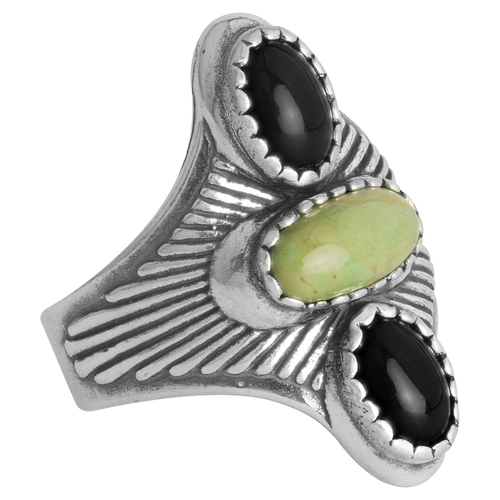 American West Sterling Silver Women's Ring Olive Green Turquoise & Black Agate Gemstone Size 9