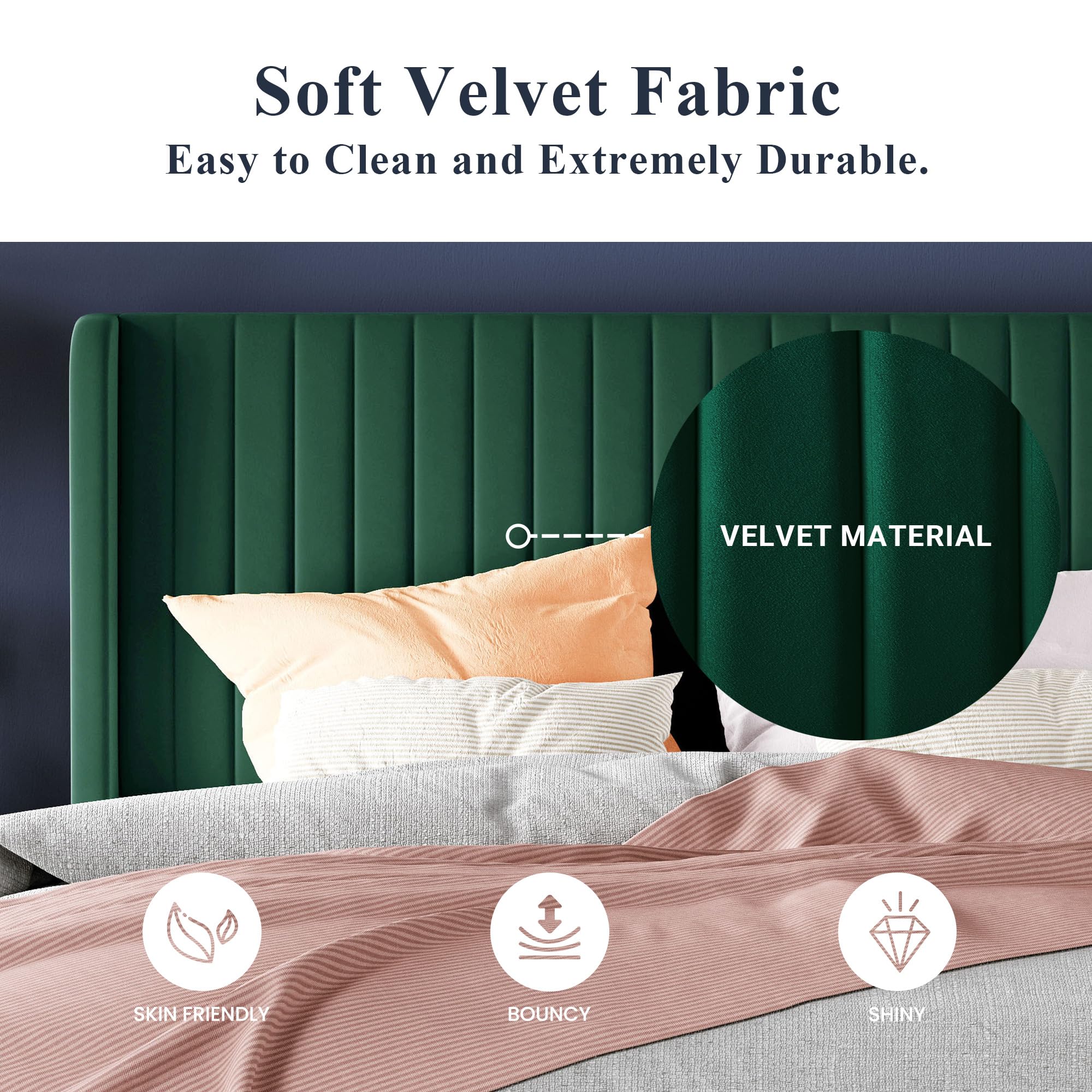 Allewie Queen Size Bed Frame/Velvet Upholstered Platform Bed/Vertical Channel Tufted Wingback Headboard/Strong Wooden Slats/No Box Spring Needed/Easy Assembly/Green