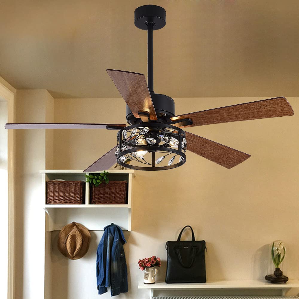 ANFERSONLIGHT 52" Crystal Ceiling Fan with Light - Vintage Industrial Style, Noiseless, Remote Control, Reversible Motor, 3 Speeds - Perfect for Living Room, Bedroom & Dining Room - Black Finish