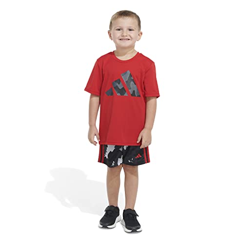 adidas Boys' Short Sleeve Poly Tee & Camo All Over Print Short Set, Better Scarlet, 6