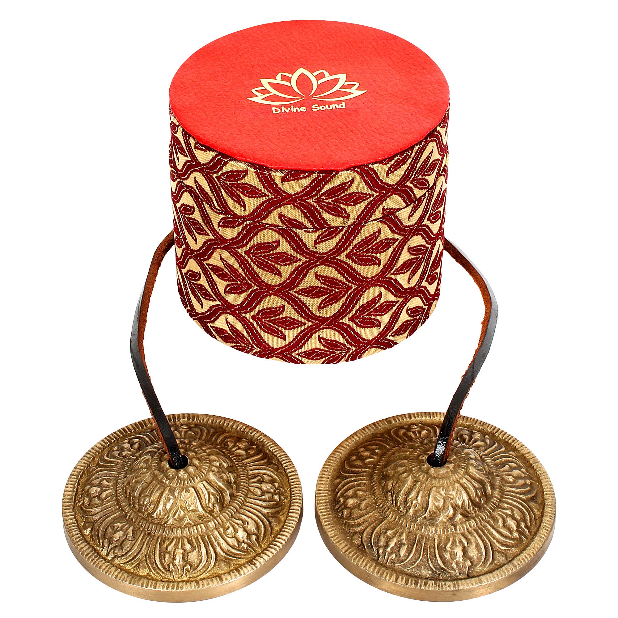 Divine Sound Tingsha Cymbals -Holy Buddha Lotus Symbol engraved Beautiful Gift Box for Meditation,Pray,Yoga,Sound healing, 7.6cm / 3" Nepal Tingsha Bell with Lather Strap Brass
