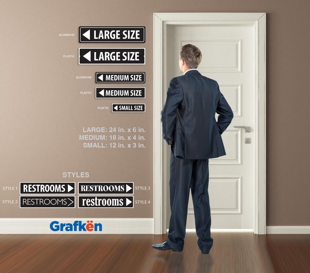 Grafkën: MG1080 Aluminum Sign LARGE 24 in x 6 in: RESTROOMS. ARROW DOWN (black/white) Style 1 (PREVIOUS MODEL)