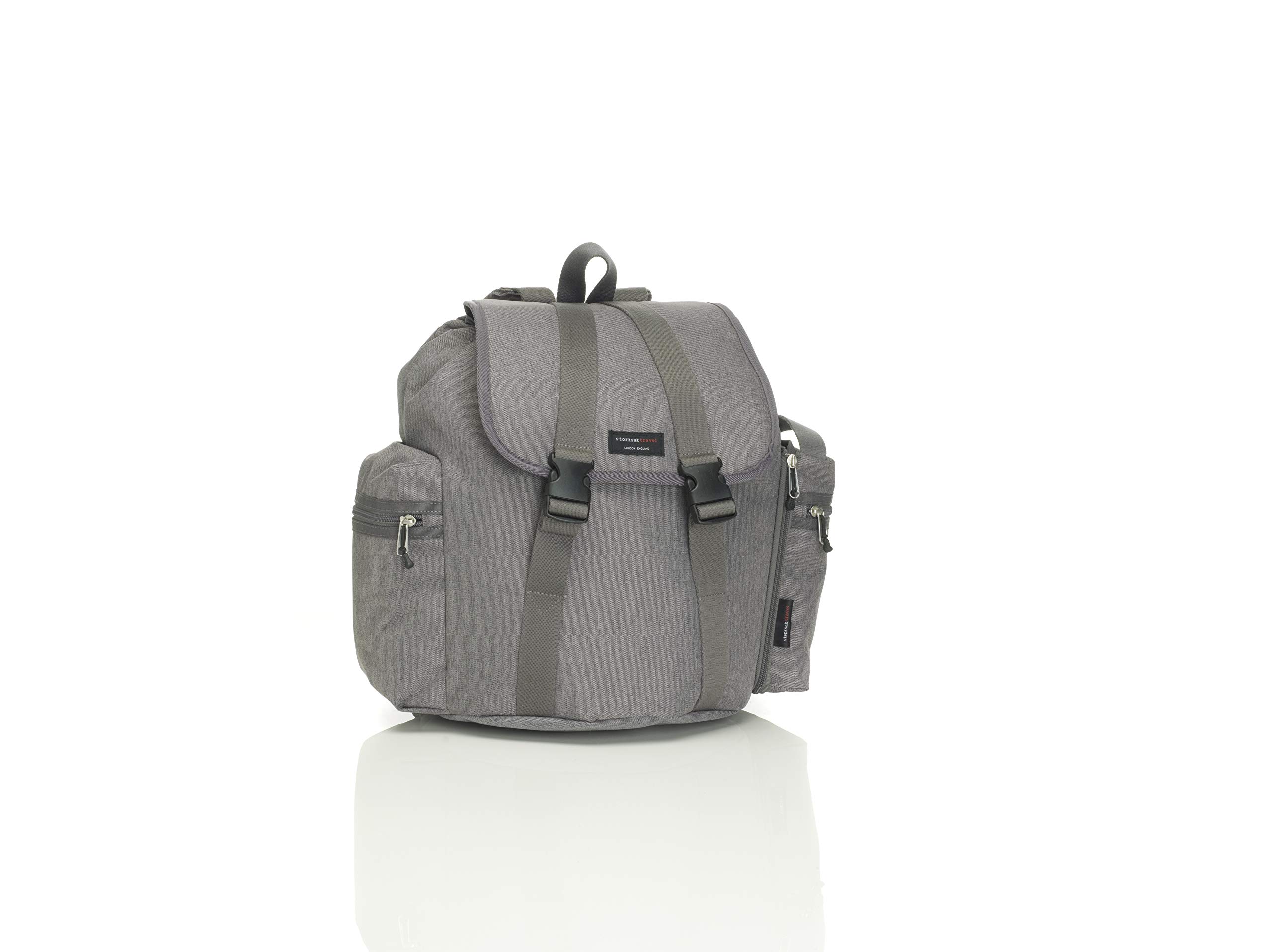 Storksak - Large, Multi-Functional, Waterproof, Travel Backpack Baby Diaper Changing Bag with Napkin Pad Holder, Fold-Out Changing Mat and Shoulder Straps, Grey