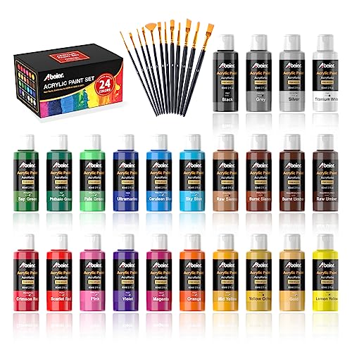 ABEIER Acrylic Paint Set, 24 Colors (60ml/2oz) with 12Paint Brushes, Non-Toxic, Waterproof, Strong Coverage for Kids Adults Beginners Students, Painting on Canvas Stone Wood Fabric Rocks Ceramic