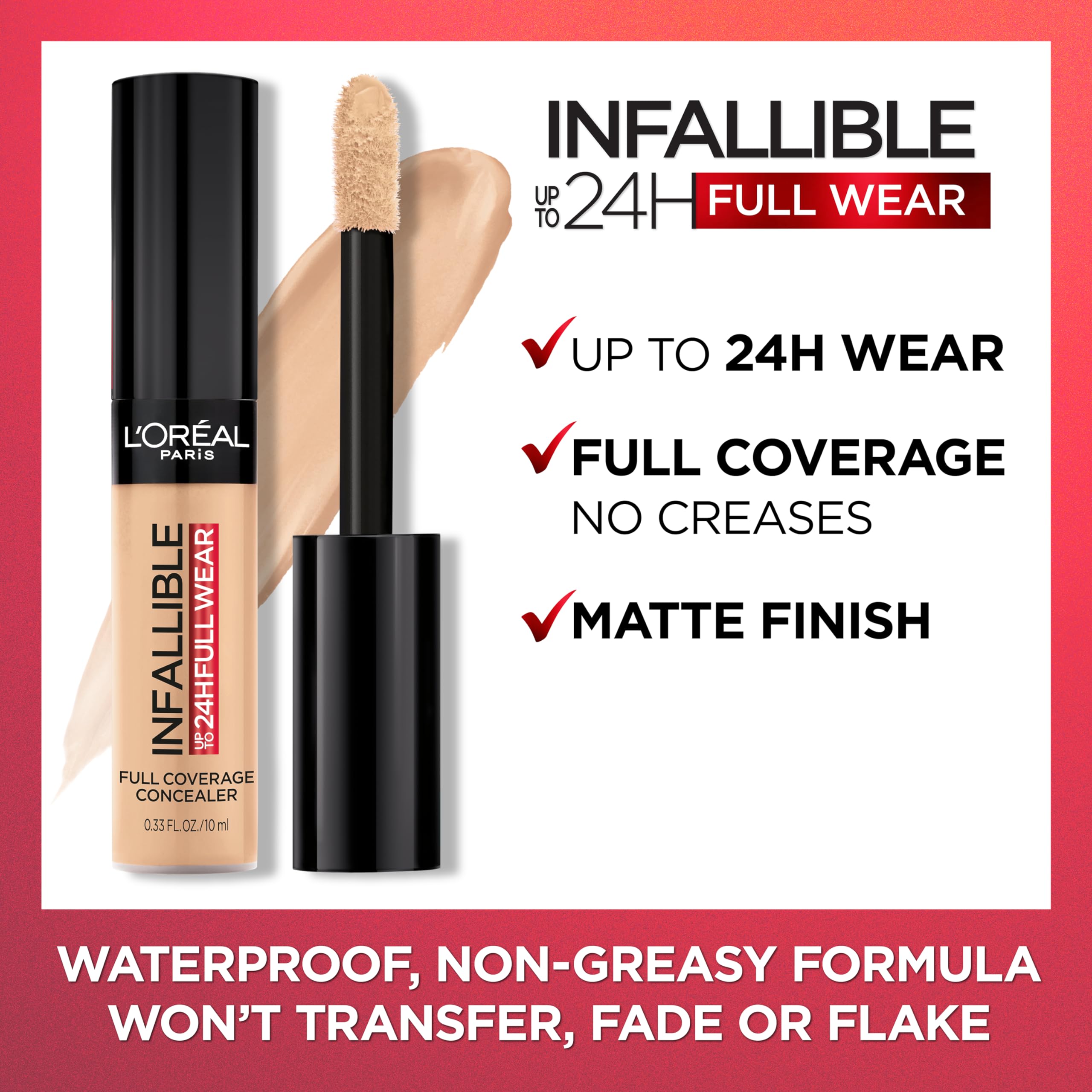 L'Oreal Paris Makeup Infallible Full Wear Waterproof Matte Concealer, Full Coverage, Porcelain, 0.33 fl. oz.