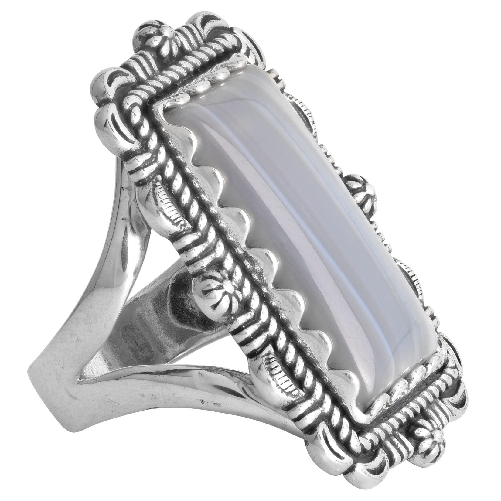 American West Sterling Silver Women's Ring Grey Agate Gemstone Squared Design Size 8
