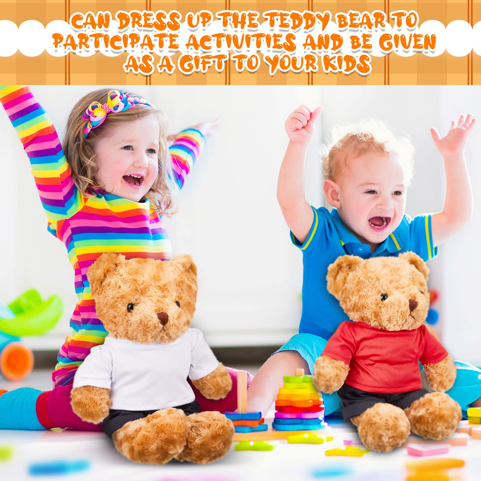 Zhanmai 3 Pack Basic Tee Shirt Bear Clothes Crew Neck Bear Shirt Classic Plush Bear T Shirt with Blue Jean Shorts, Stuffed Animal Clothing Accessories