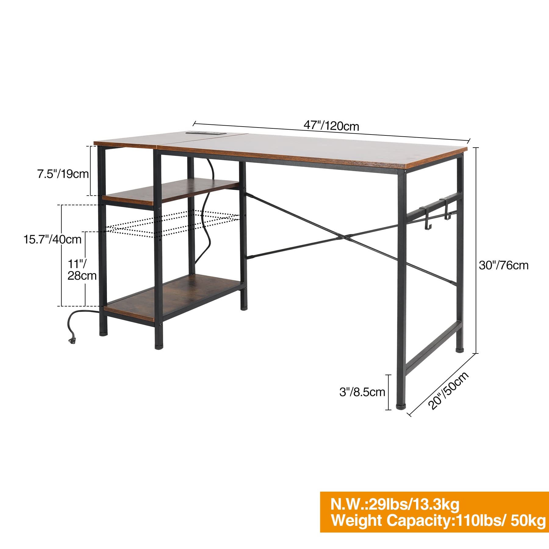 AKVOMBI 47 Inch Computer Desk with Adjustable Shelves & Power Outlet, Small Writing Desk for Small Spaces, Industrial Home Office Desk with USB Port, 2 Hooks, Rustic Brown
