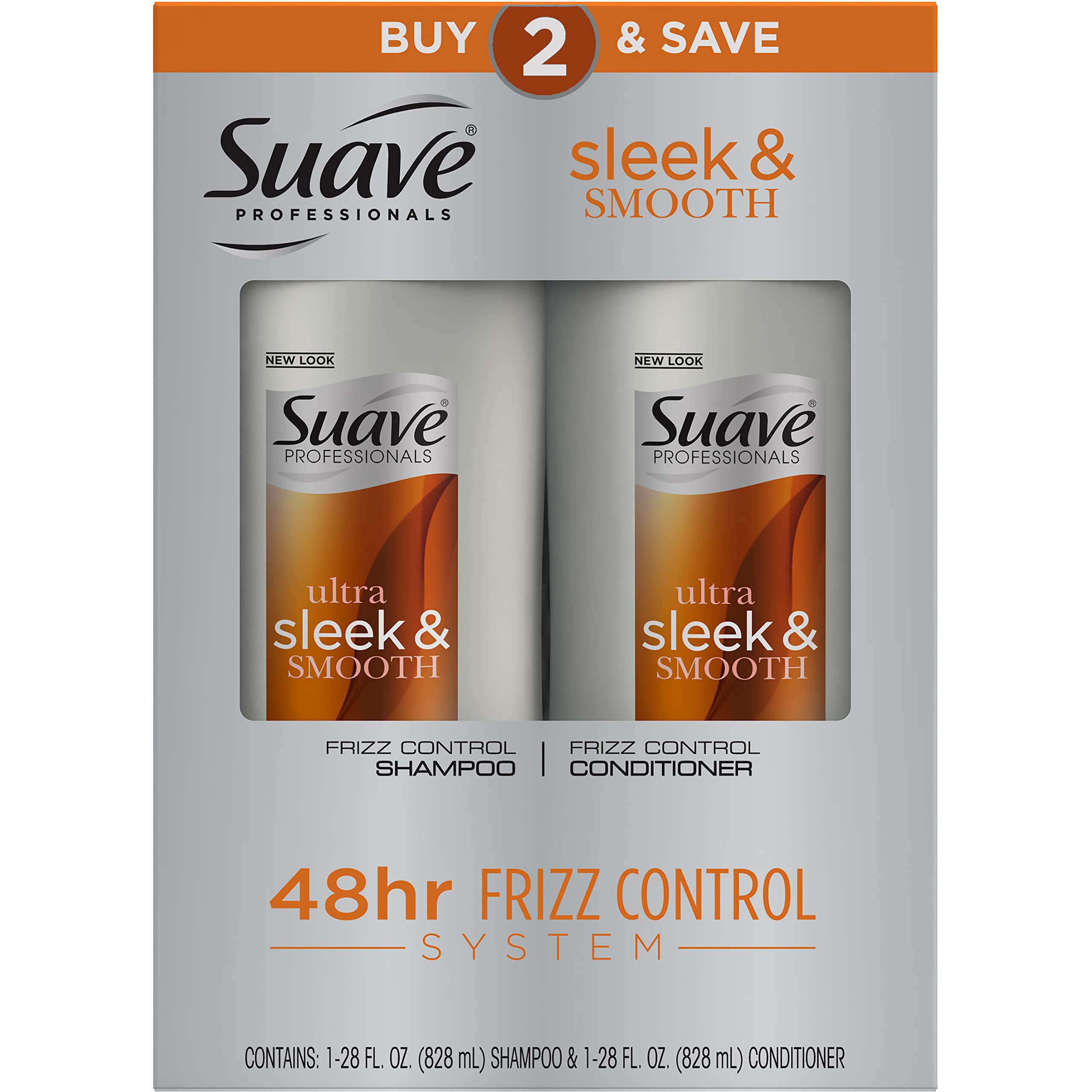 Suave Professionals Shampoo and Conditioner for Frizz Control Ultra Sleek and Smooth with Silk Protein and Vitamin E for Hair 28 Fl Oz (Pack of 2)