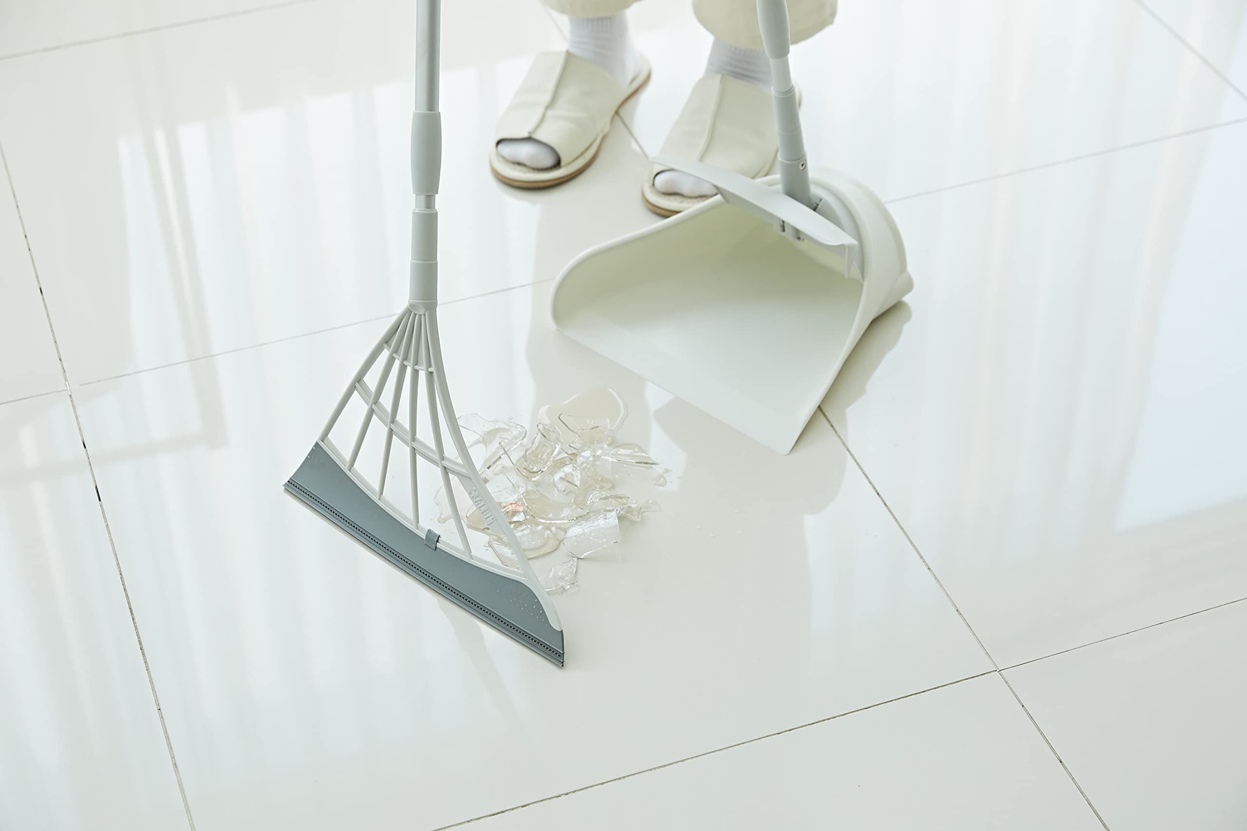 Broombi and Dustpan Set - All-Surface Silicone Broom & Squeegee for Indoor Cleaning - Sweeps Glass, Dust, Removes Pet Hair, Liquids - Smooth Floors, Rugs, Windows - One-Click Smart Dustpan (Grey)