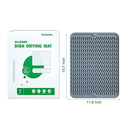 HowiseAcc Silicone Dish Drying Mat and 2 Trivets Mat,Drying Mat For Kitchen counter, Heat Resistant Mat,Easy Clean drainboard mat, Non-Slip Dish Drainer Pad for Kitchen Counter (L(16"×12"), Gray)