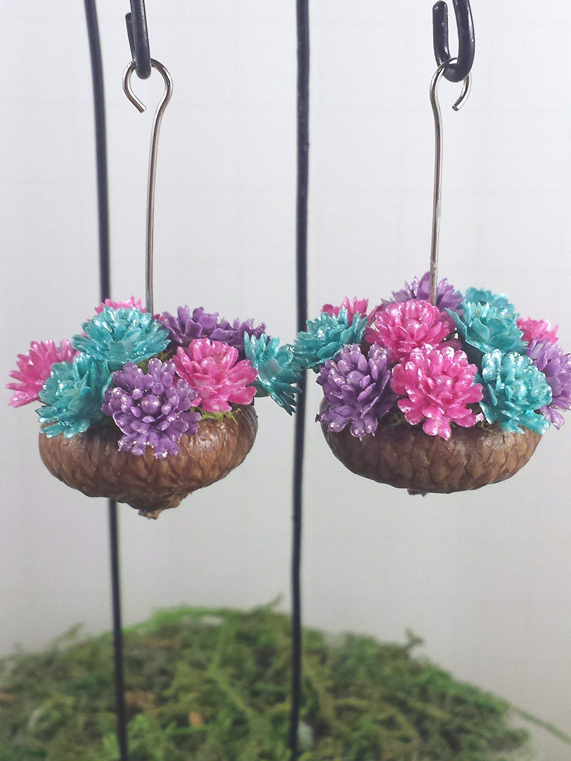 Fairy Garden Accessories. Set of 2. Miniature Hanging Flower Baskets. Acorn Planters. Dollhouse, Terrarium Décor.