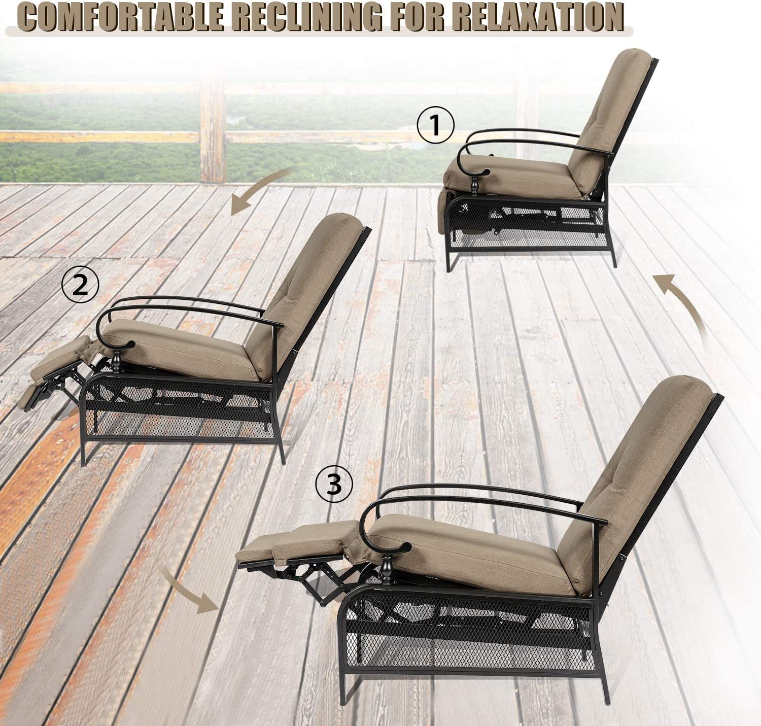 Betterland Outdoor Lounge Chair Set of 2 Metal Adjustable Patio Recliner Chair with Strong Extendable Frame and Thickened Removable Cushions, Beige