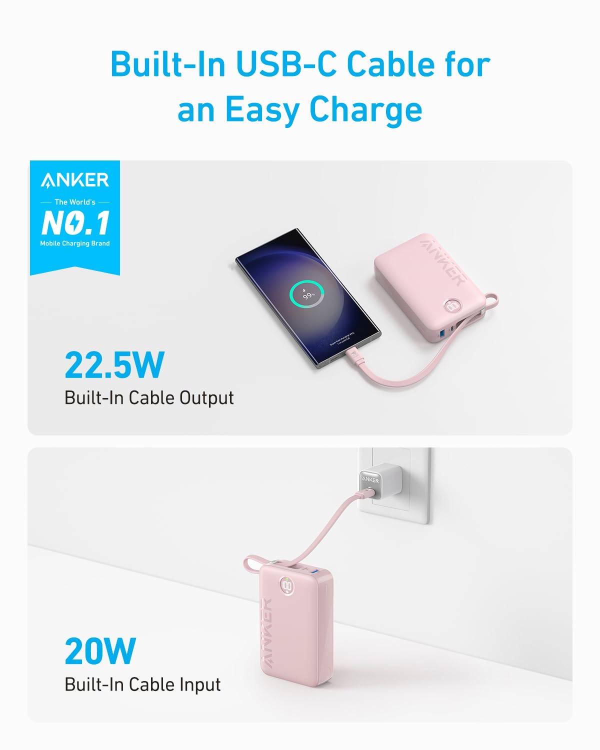 Anker Power Bank Battery Pack, 20,000mAh 22.5W High Speed Charging Portable Charger with Built-in USB C Cable, 1 USB-C, 1 USB-A, for iPhone 15/15 Plus/15 Pro/15 Pro Max, MacBook, Galaxy