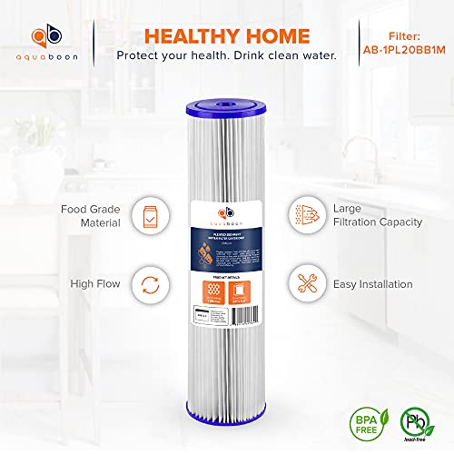 Aquaboon 1 Micron 20" x 4.5" Pleated Sediment Water Filter Replacement Cartridge | Whole House Sediment Filtration | Compatible with ECP5-BB, AP810-2, HDC3001, CP5-BB, SPC-45-1005, ECP1-20BB, 1-Pack