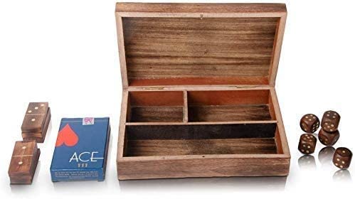 Great Gift Ideas Wooden Playing Card Box with 5 Dice & 28 Dominoes Tiles Game Set Deck Pack Case Holder Storage Accessories Organizer with Playing Cards Classic Table Game