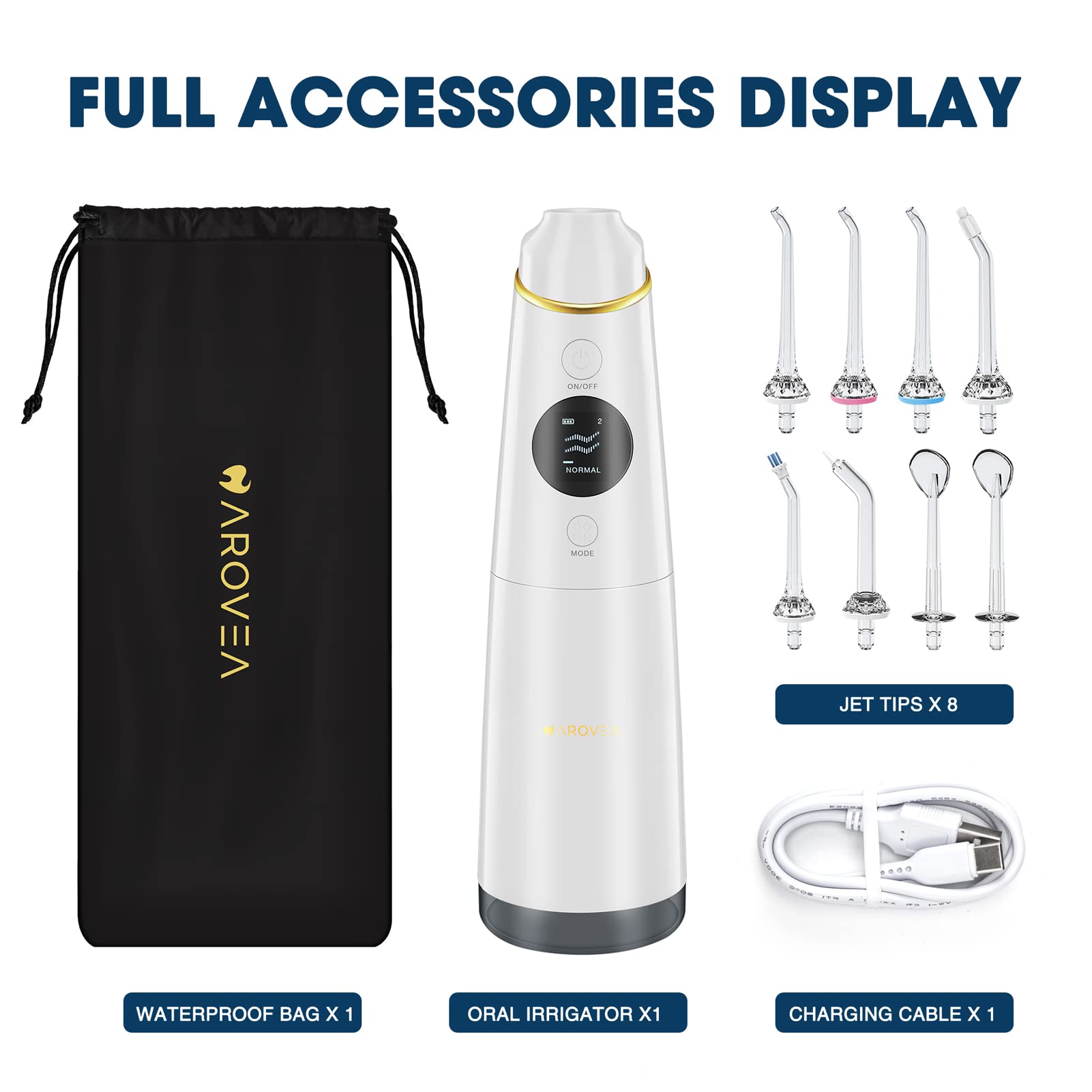 AROVEA Water Flosser, 5 Professional Modes, 8 Replaceable Jet Tips - IPX7 Waterproof, Powerful Rechargeable Battery Life, Oral Dental flosser for Home Travel