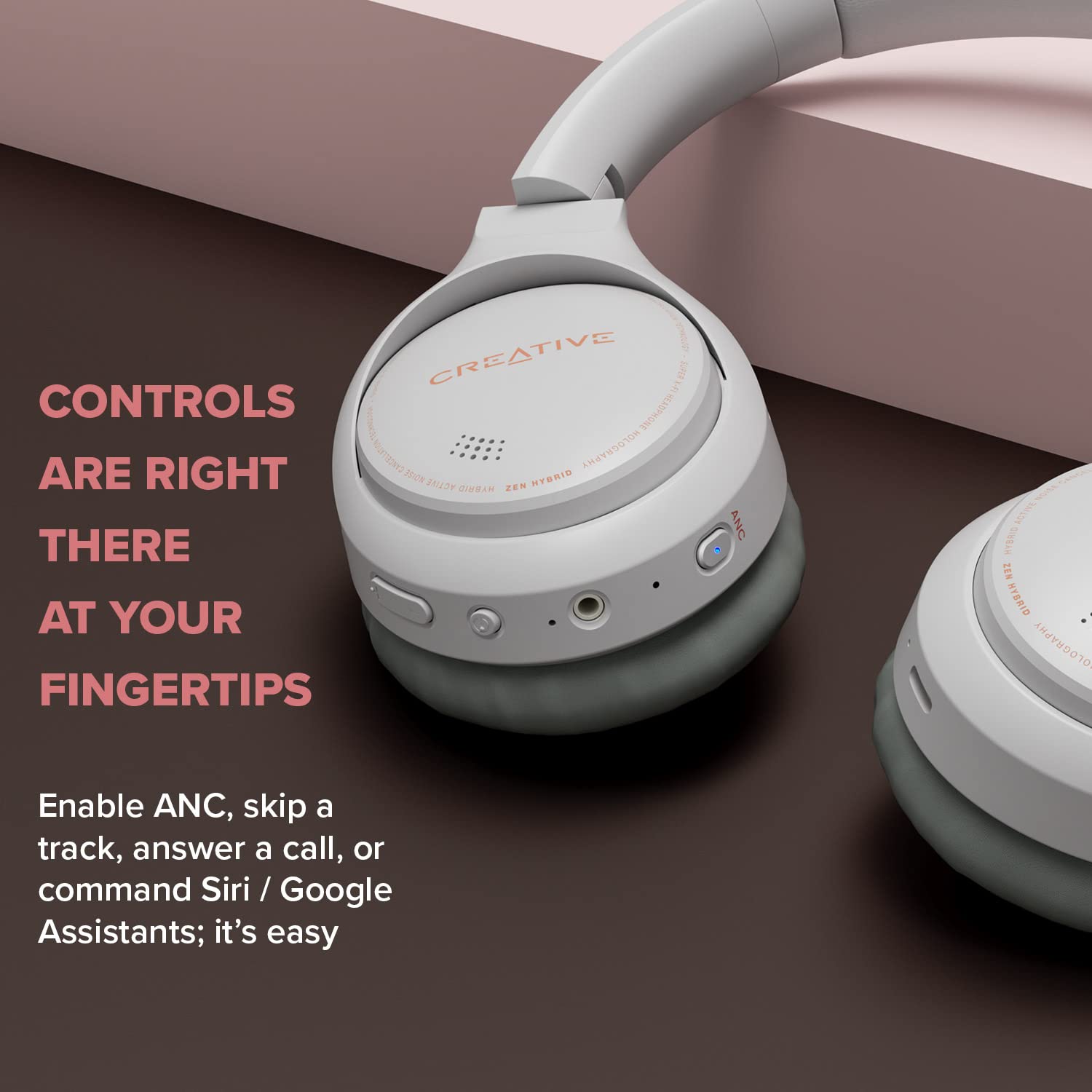 Creative Zen Hybrid (White) Wireless Over-Ear Headphones with Hybrid Active Noise Cancellation, Ambient Mode, Up to 27 Hours (ANC On), Bluetooth 5.0, AAC, Built-in Mic, Foldable