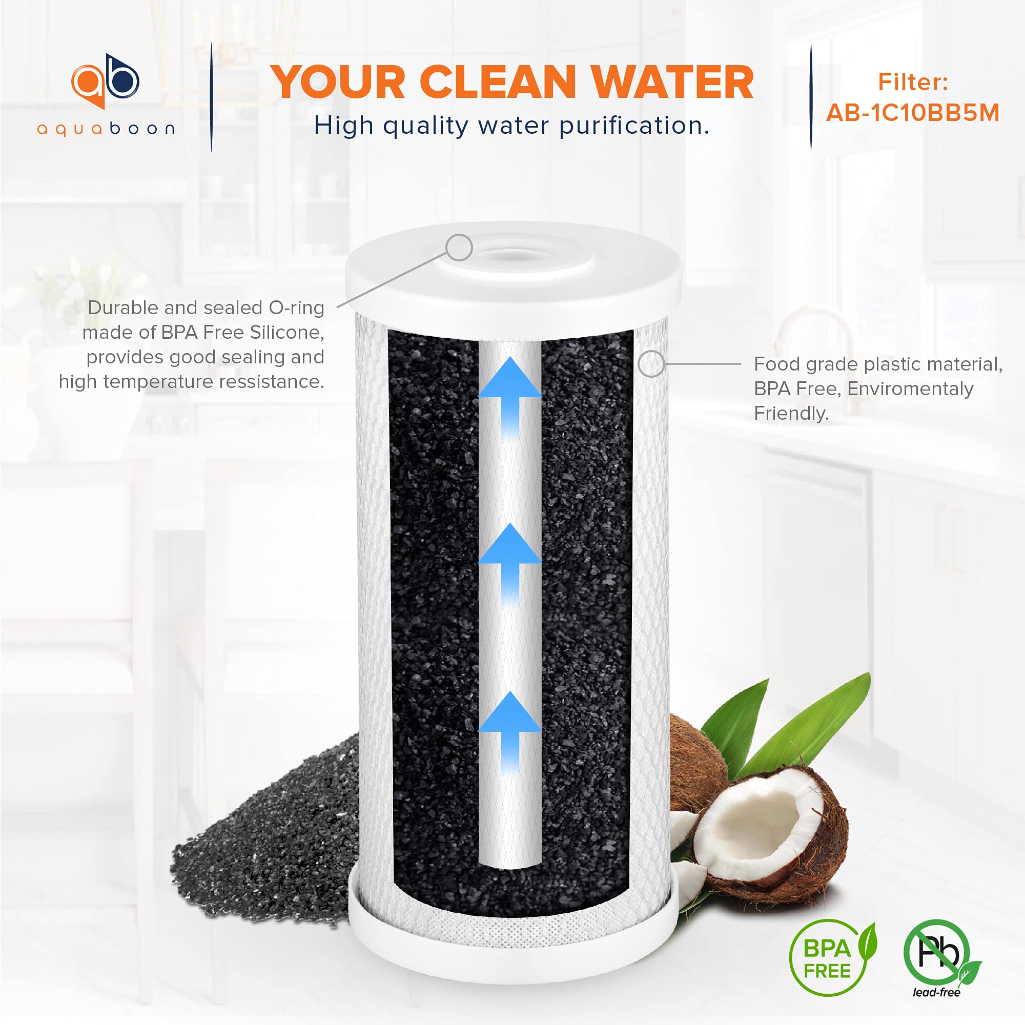 Aquaboon 1-Pack Coconut Shell Water Filter Cartridge | Universal Whole House 5 Micron 10 x 4.5 inch Cartridges & Aquaboon 4-Pack of 5 Micron 10" Coconut Shell Water Filter Replacement Cartridges