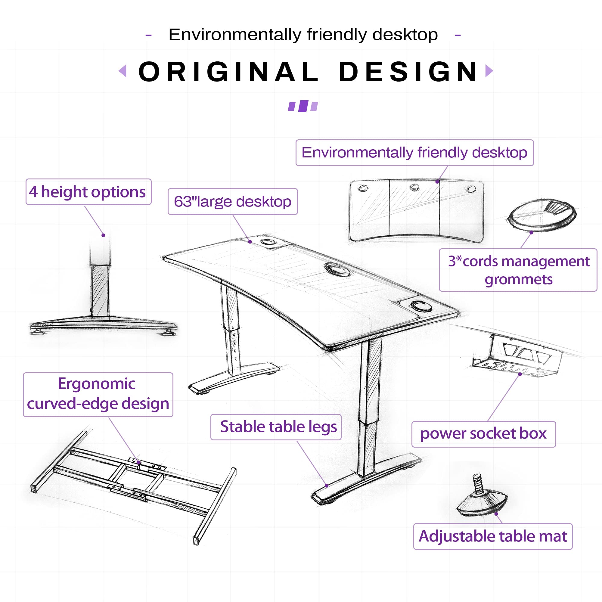 It's_Organized 63 Inch Large Height Adjustable Gaming Desk, Black Home Office PC Computer Manual Standing Curved Edge Table Gamer Workstation with Handle Rack Cup Holder Headphone Hooks Full Mouse Pad