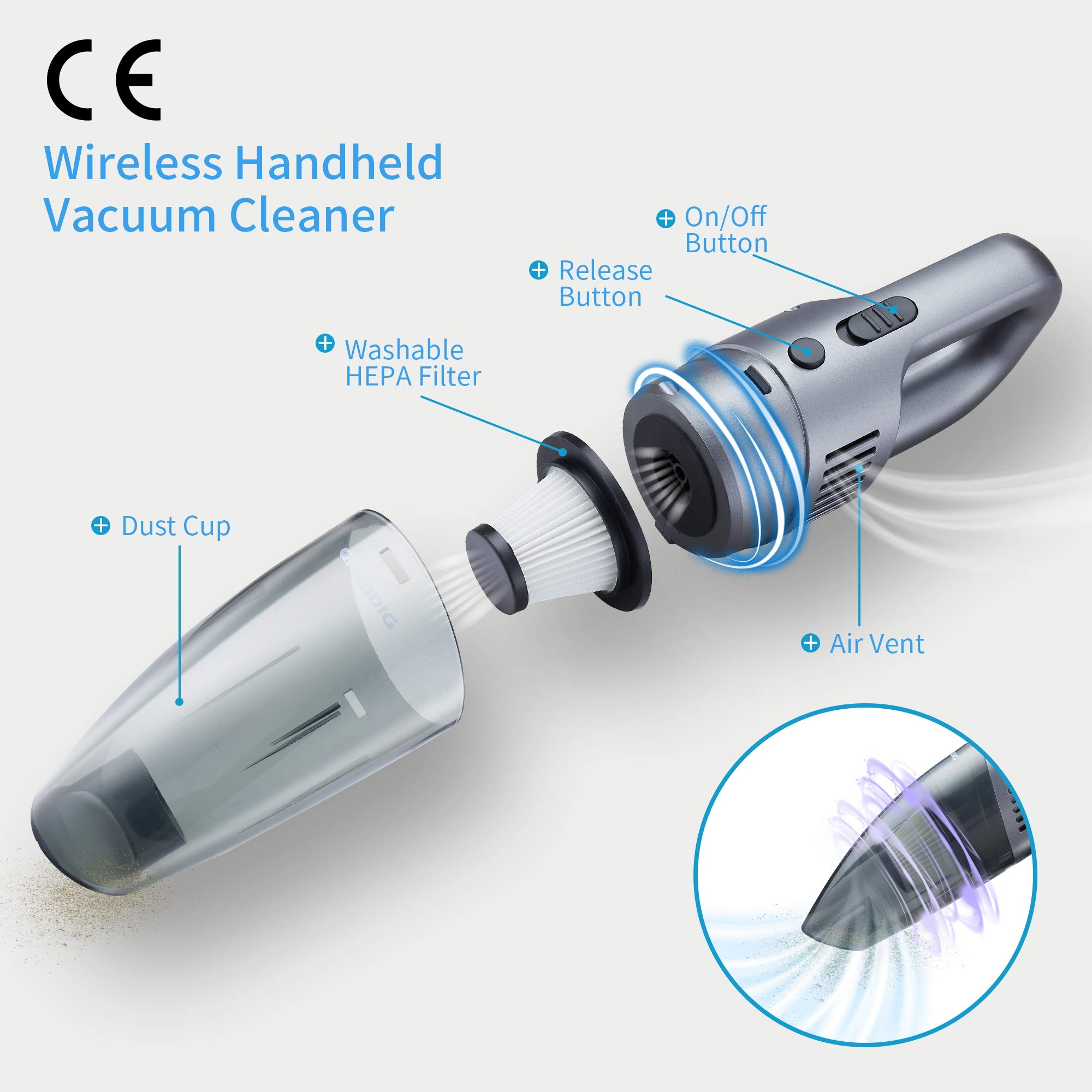 GRUNDIG Handheld Vacuums Cordless,Portable Handheld Vacuum Cleaner with Powerful Suction,5000PA Rechargeable Car Vacuum Cleaner, Handheld Hoover,Lightweight Wet Dry Vacuum for Home, Car and Pet