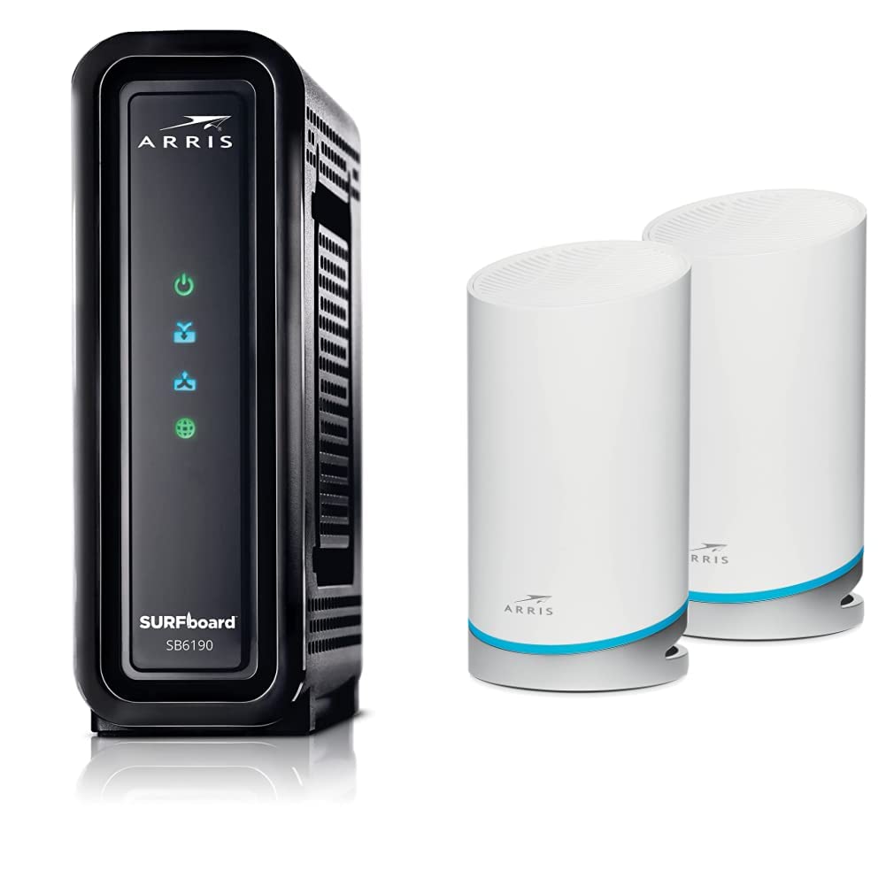 ARRIS SURFboard SB6190 DOCSIS 3.0 Modem (800 Mbps Max Internet Speeds) & W121 AX6600 WiFi 6 Tri-Band Mesh Router System Bundle (WiFi Coverage up to 5,500 sq ft) | Mesh with your Cable Internet