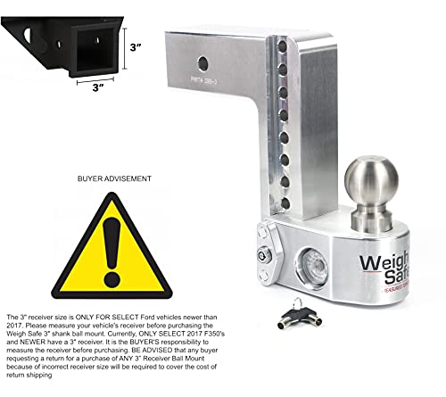 Weigh Safe Adjustable Trailer Hitch Ball Mount - 8" Drop Hitch for 3" Receiver w/ 2 pc Keyed Alike Lock Set, Premium Aluminum Trailer Tow Hitch w/ Built in Weight Scale for Anti Sway, 21,000 lbs GTW