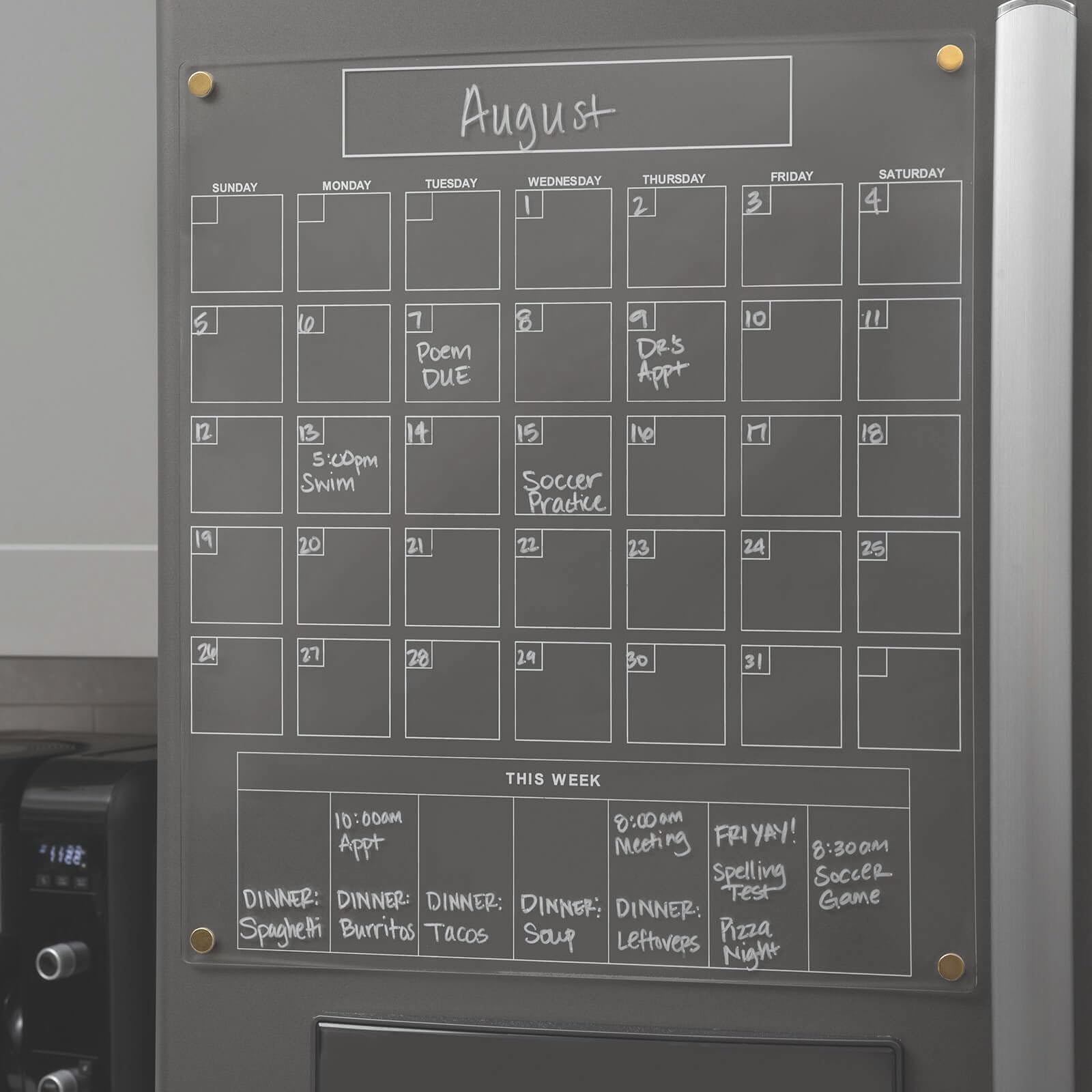 AJA House Acrylic Magnetic Fridge Calendar - Clear Refrigerator Dry Erase Board Calendar | Magnetic Monthly Grid And Weekly Planner Section | 15āāx17āā Vertical Fridge Calendar | Gold Magnets