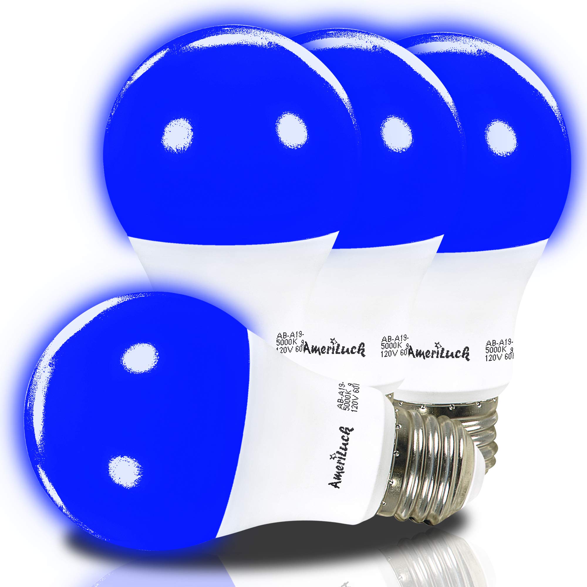 AmeriLuck 4-Pack Deep Cobalt Blue Light Color A19 LED Bulbs for Porch and Bedroom, 7W (60W Equivalent), E26 Medium Base, Waterproof for Outdoor Use