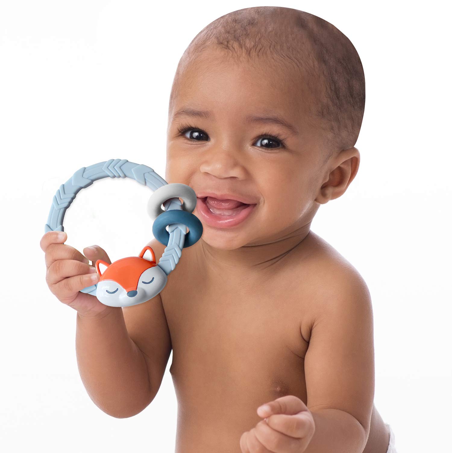 Itzy Ritzy Silicone Teether with Rattle; Rattle Teether Features Rattle Sound, Two Silicone Teething Rings and Raised Texture to Soothe Gums; Ages 3 Months and Up (Fox)