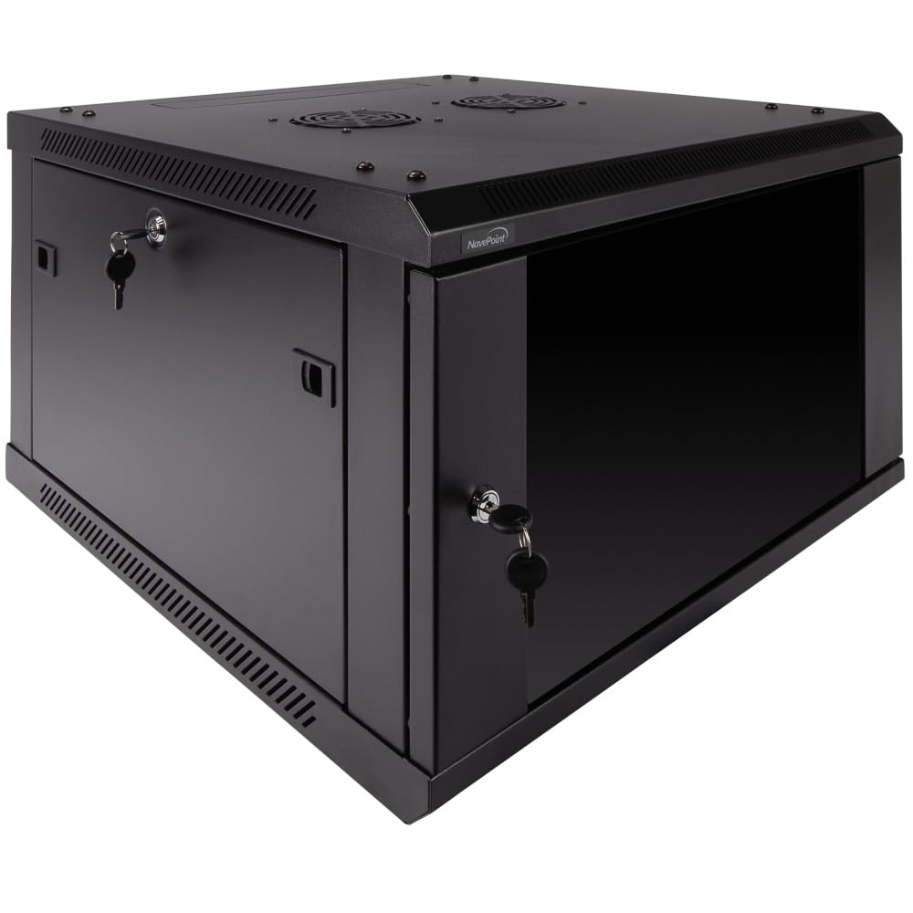 NavePoint 6U Server Rack Enclosure - 23.6β Deep, 6U Wall Mount Network Cabinet with Locking Glass Door for 19β IT Equipment, 6U Network Rack with 2 Fans, Removable Side Panels, Black