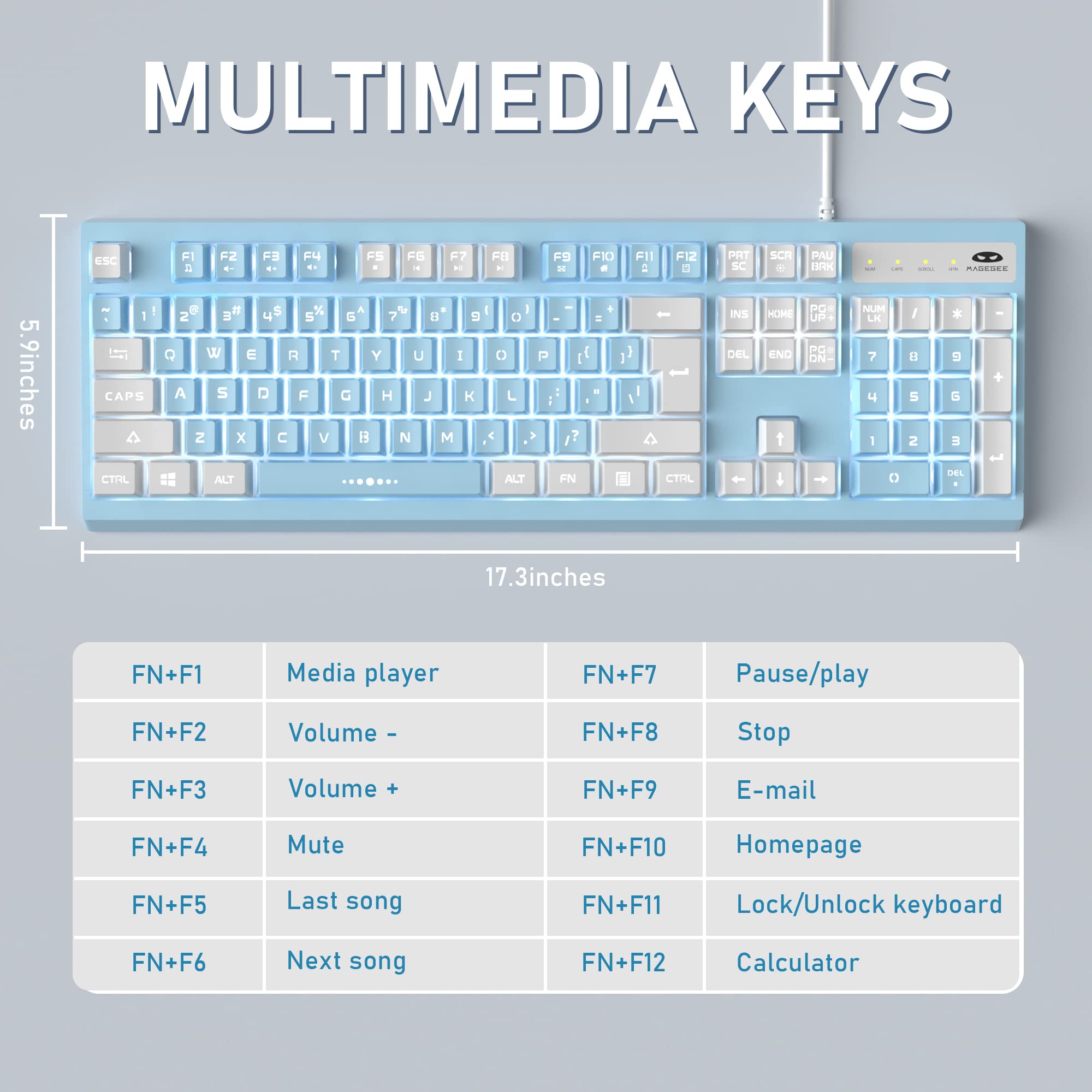 ADDTREE Wired Gaming Keyboard, LED Backlit Full Size Keyboard, Blue & White Keyboard with Number Pad for Office PC/MAC Gamer, Laptop, Computer, Gamer