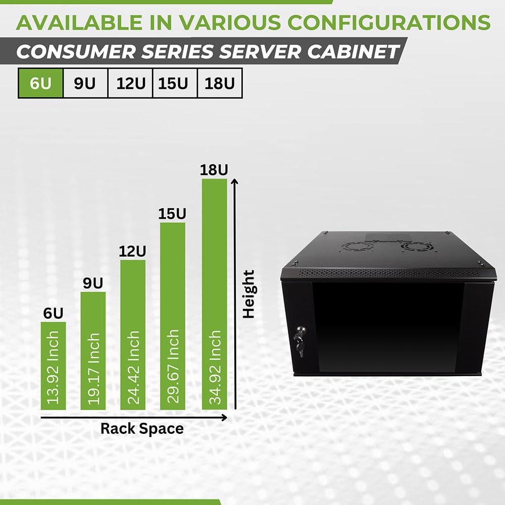 NavePoint 6U Server Rack Enclosure with Glass Door, Cooling Fan, Locks, & Removable Side Panels - 6U Wall Mount Network Cabinet 19 Inch Rack 17.7 Inches Deep