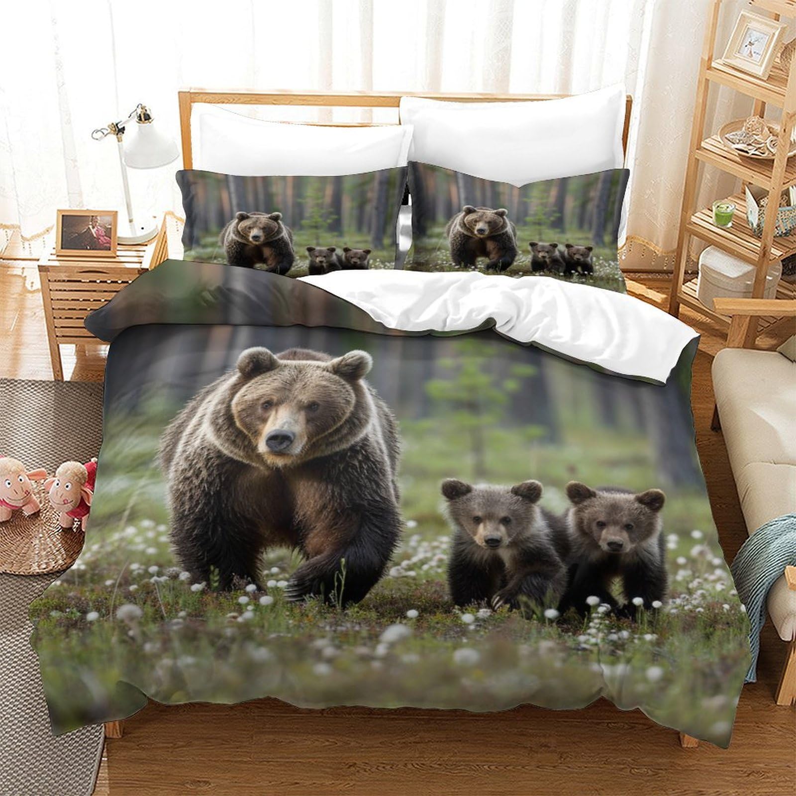 Brown Bear And Two Cubs Comforter Covers 3D Printed Walking in The Taiga Duvet Cover Quilt Cover for Boys Girls with Zipper Closure Soft Microfiber Bedding Set with Pillow Cases 3 Pieces Twin(173x218c